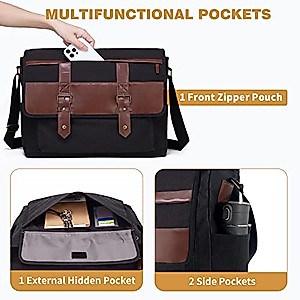 Celvetch Laptop Messenger Bag - PU Leather Briefcase for Men Canvas Shoulder Bag Computer Bag for Work Travel College - Black