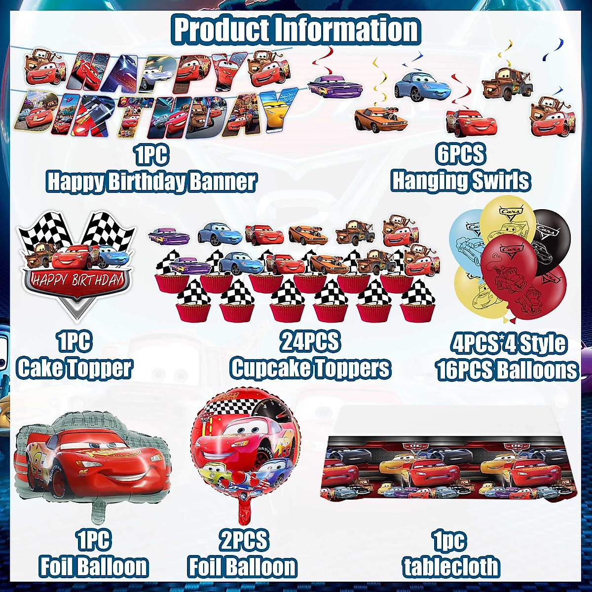 Cars Birthday Party Supplies Include Banner, Hanging Swirls, Balloons, Table Cover, Cake Topper for Cars Party Decorations