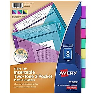 Avery Plastic 8-Tab Two-Tone Binder Dividers with Two Pockets, Insertable Bright Color Big Tabs, 1 Set (11989)