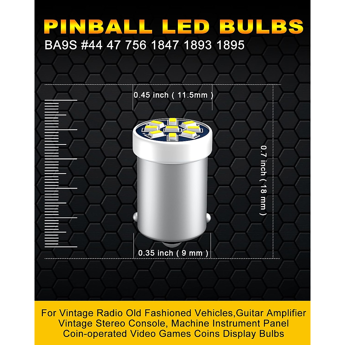 GE44 47 Pinball Machine LED Bulbs BA9S DC/AC 6.3V/6V Coin-Operated Video Old Fashioned Radio Arcade Pinball Gaming Light Bulb 755 756 1893 1895 1847,White,15 Pack