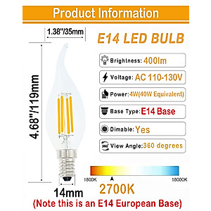 Lamsky E14 LED Bulb European Base 4W LED Chandelier Light Bulbs Dimmable 40W Equivalent,Flame Tip Candelabra LED Bulbs,110V 2700K Warm White,6 Pack