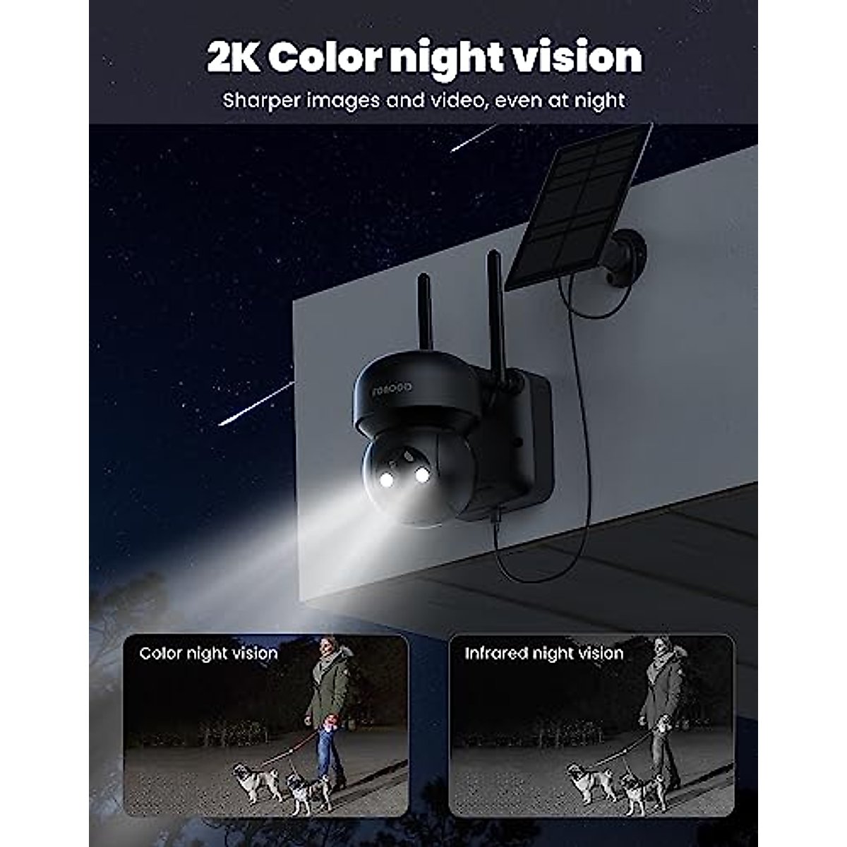 FOAOOD 2K Security Camera Wireless Outdoor, Sloar Camera for Home Security Outside, APP Controls 360° Full Coverage, Color Night Vision, Human Detection, IP65 Waterproof, 2.4G WiFi Connection