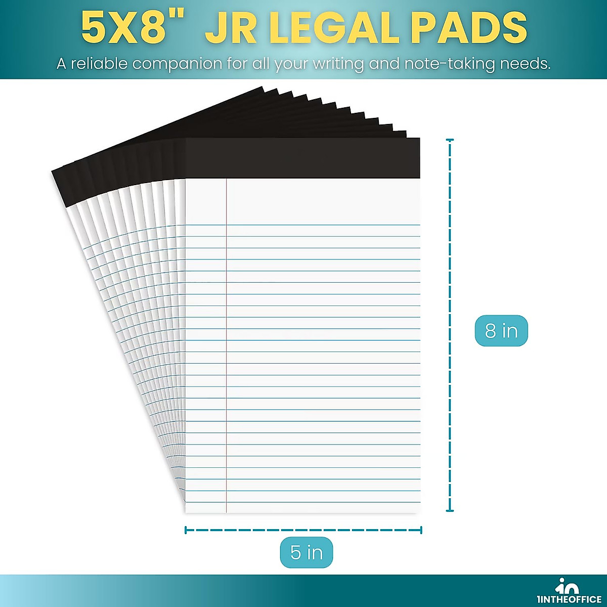 1InTheOffice Jr Legal Pads,Small Legal Notepads, 5" x 8", Narrow Ruled Note Pad, White, 50 Sheets/Pad, 12 Pads/Pack