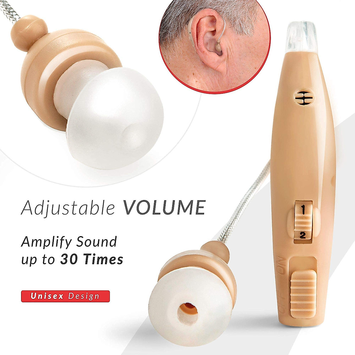 MSA 30X Sound Amplifier BTE PSAD | 30X Amplification | Recharging Station, 6 Silicone Tips & 1 Cleaning Brush | Unisex | Right or Left Ear | Pack of 1