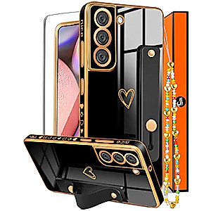Likiyami (3in1 for Samsung Galaxy S21 FE 5G/4G Case Heart Women Girls Cute Girly Aesthetic Trendy Luxury Pretty with Loop Phone Cases Black and Gold Plating Love Hearts Cover+Screen+Chain-6.4 inch