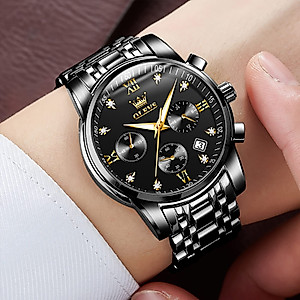 Black Watch for Men OLEVS Watch Men Stainless Steel Watches Waterproof Luxury Business Dress Mens Watches Quartz Analog Classic Big Large Face Watches Black Dial with Day and Date,relojes para hombres