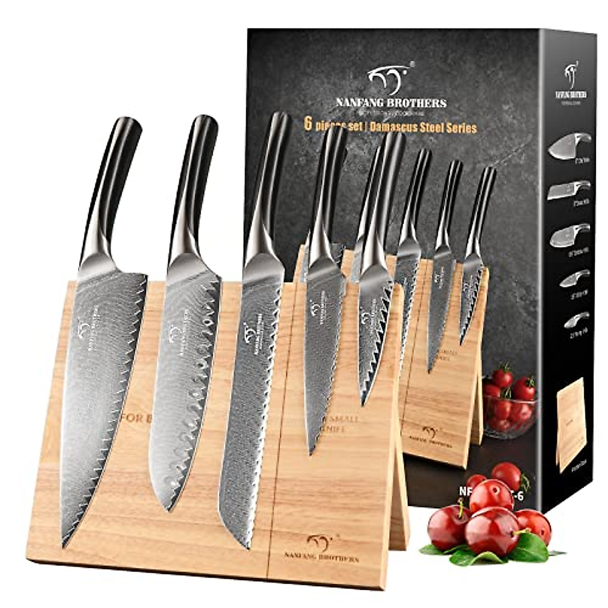 Damascus Kitchen Knife Set, NANFANG BROTHERS 6-Piece Damascus Steel VG10 Kitchen Knife Set with Wood Magnetic Knife Holder Block Professional Chef's Knife with Sharp Blades and ABS Ergonomic Handle