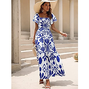 MakeMeChic Women's Floral Print Layered Short Sleeve Square Neck Ruffle High Waist A Line Summer Long Dress Blue and White XL