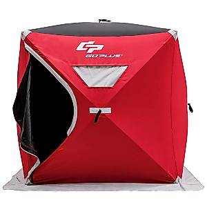 Waitpant Portable Ice Shelter, Quickly Pop-up Ice Fishing Tent Shanty with Portable Bag, Cold-Resistant, Strong Wind Resistance, Waterproof, Zippered Door, Built-in Storage Pocket, Red (2-Person)