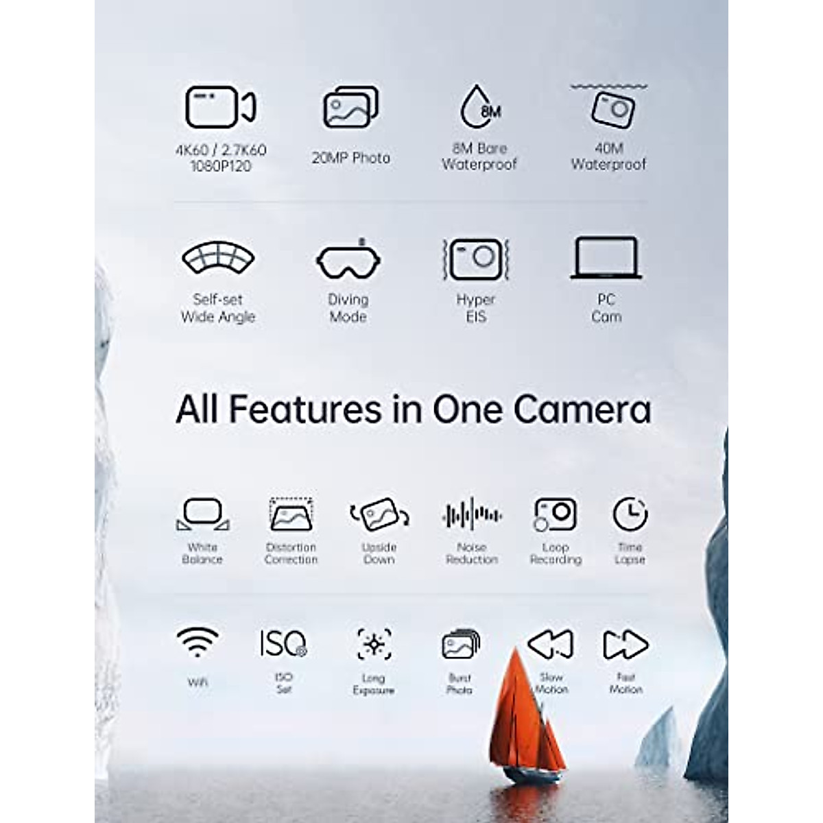 WOLFANG GA400 Action Camera 4K 60FPS Bare Metal Waterproof Underwater Camera 3.0 EIS Stabilization WiFi Helmet Camera (Remote Control, 2x1350mAh Batteries and Accessory Kit)