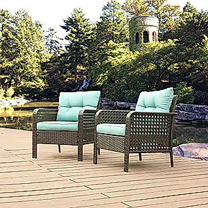 U-Eway Outdoor Rattan Single Chair 2pcs,Patio PE Wicker Furniture Cushion Seat,2Pcs Armchairs PE Rattan Sofa Backyard Yard,Premium Spun Ploy Fabric,Removable Cushion Cover Zipper, Washable (Green)