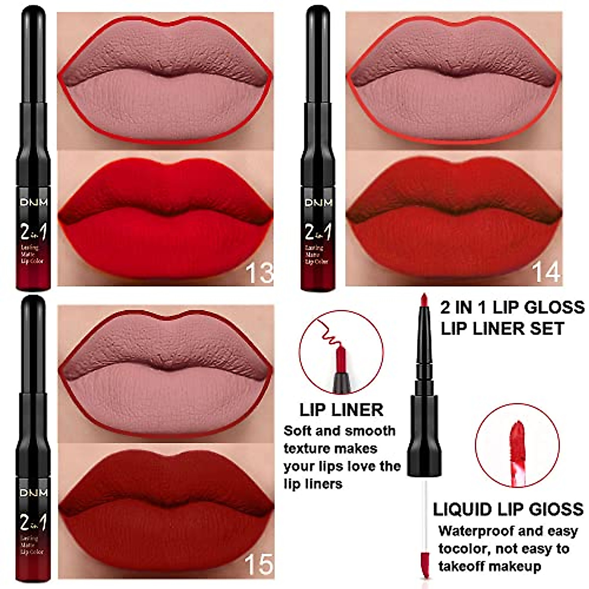 evpct 3Pcs Deep Dark Red Lip Stain Matte Lip Liner and Liquid Lipstick Set Long Lasting Smudge Proof labiales matte larga duracion listip 24 hours matte a prueba de agua mate 24 horas originales