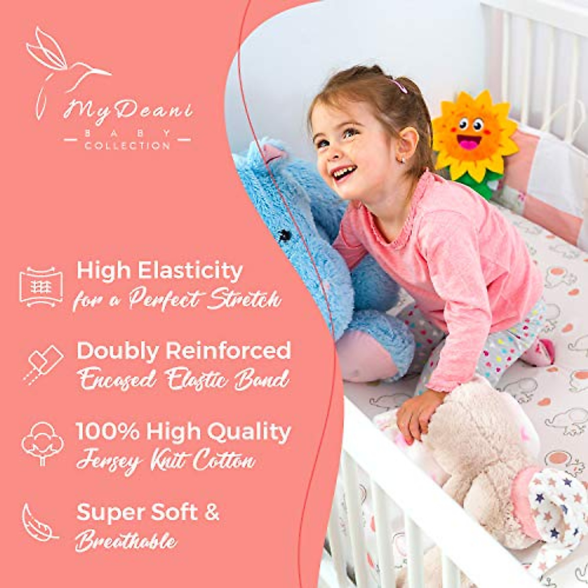 Stretchy Fitted Crib Sheets for Baby Girls, Ultra Soft Jersey Knit Cotton, Fits Standard Crib and Toddler Mattress, Size 28in x 52in, 2 Pack Set, Coral Elephants & Coral Animals Nursery Sheet