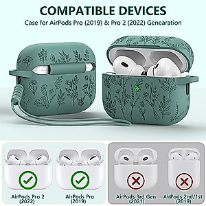 Flower Engraved Case for Apple AirPods Pro 2 Gen,Soft Silicone Protective Case Cover for AirPods Pro 2nd/1st Generation AirPod Case with Clean Kit Carabiner,Lanyard,Front LED Visible,Pine Green