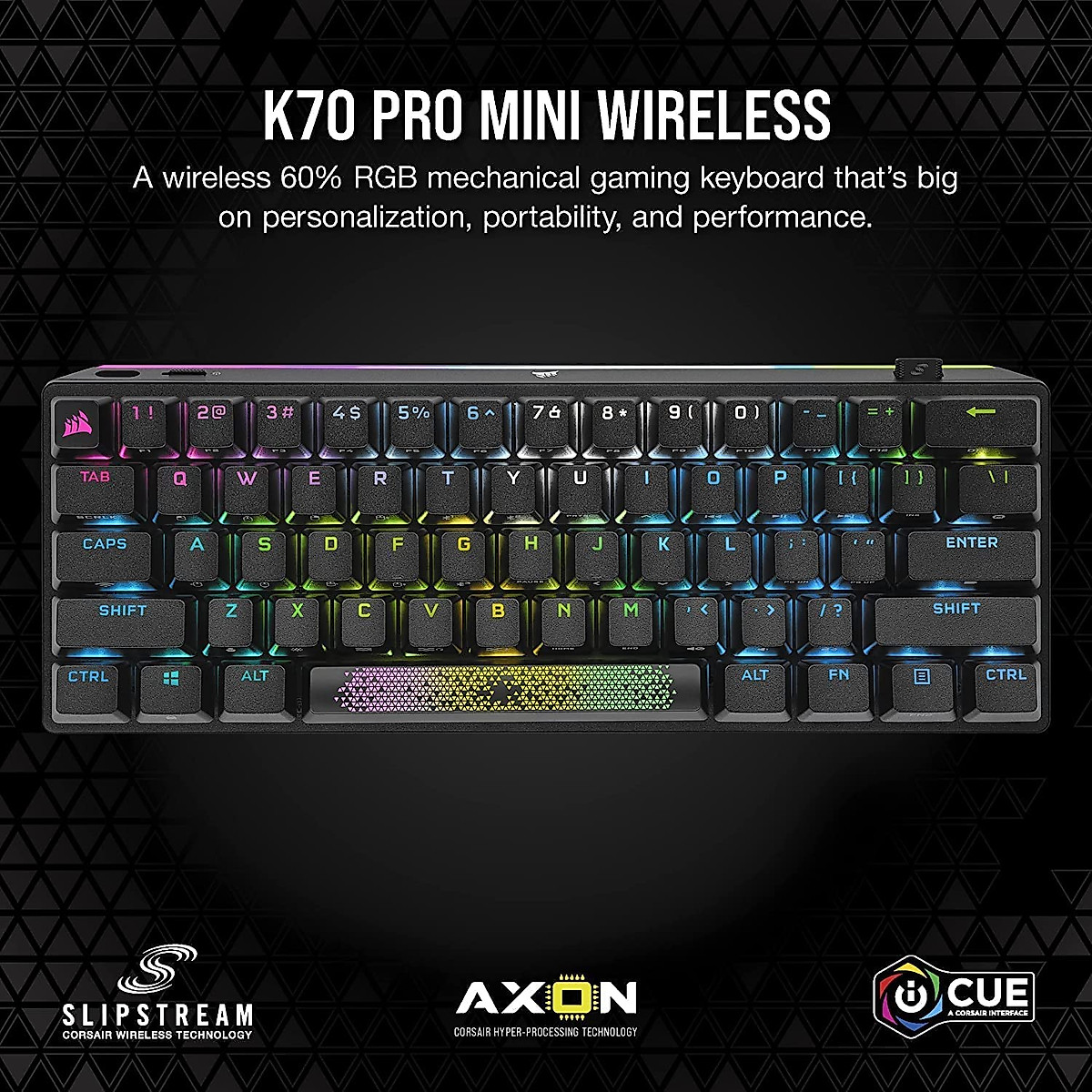 Corsair K70 PRO MINI WIRELESS 60% (CH-9189014-NA) Mechanical CHERRY MX Speed Switch Keyboard with RGB Backlighting - Black (Renewed)