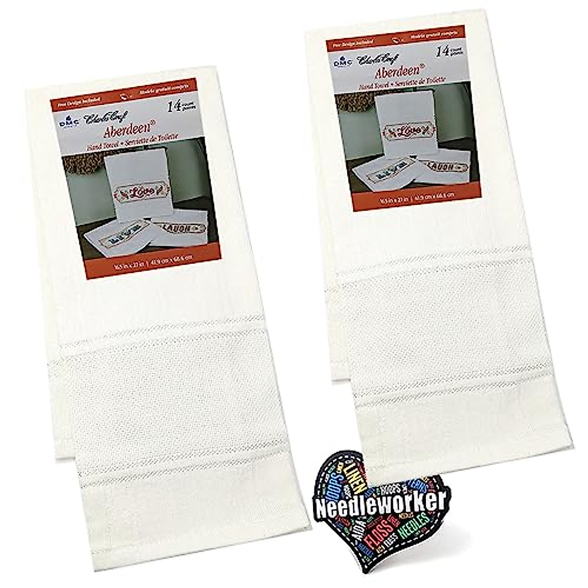 ThingamaJungle Cross Stitch Towels, Set of 2 - Ecru Aberdeen Velour Hand Towels with Ready to Stitch 14ct Aida Band Plus Needleworker Sticker