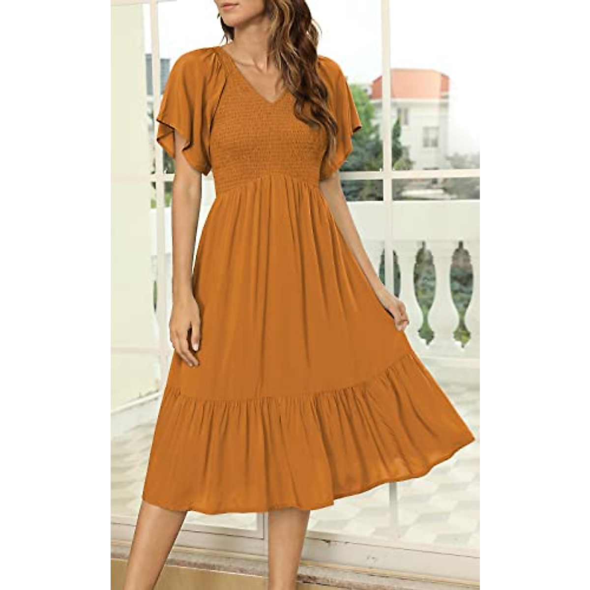 Kranda Women Short Flutter Sleeve V Neck Smocked Solid Pleat Midi Dress Pumkin Spice M