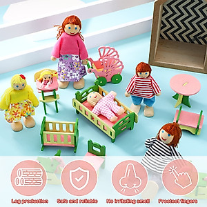 6 Sets of Wooden Dollhouse Furniture Set with 8 Dollhouse Family Figures 1:12 Playhouse Miniature Wood Toy Furniture and Accessories Kitchen, Bathroom, Living Room, Bedroom Pretend Play Toys