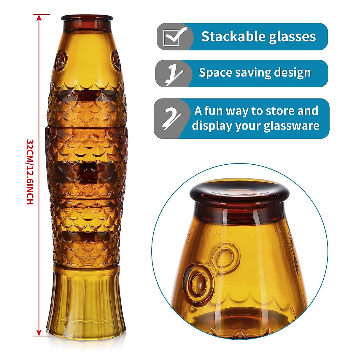 MDLUU Fish Design Tumbler Glasses, Stackable Drinking Glasses, Colored Glass Beverage Cups, Nautical Glassware for Gift, Set of 4 (Amber)