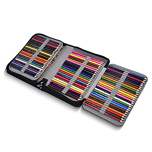 150 Slots Colored Pencil Case,Deluxe PU Leather Fabric Large Capacity Gel Pens Watercolor Pencils Holder Organizers Bag with Zipper,Handle (black)