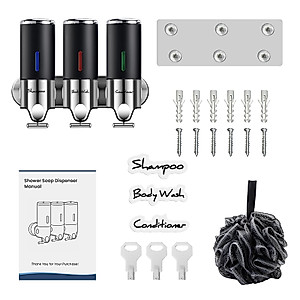 Shampoo and Conditioner Dispenser, Shower Soap Dispenser 3 Chamber No Drill for Shower Wall Mounted（Black）