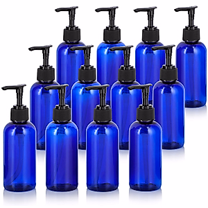 4 oz / 120 ml Cobalt Blue Boston Round PET Plastic Bottles with Black Lotion Pump (12 Pack)