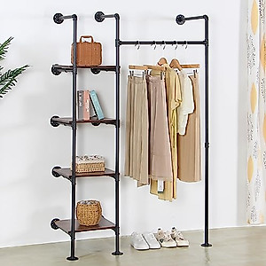 EDCB Industrial Pipe Clothing Rack with Shelves, 71inch Wall Mounted Closet Storage Rack,Hanging Clothes Retail Display Rack, Garment Racks with Shelves Closet Rods System