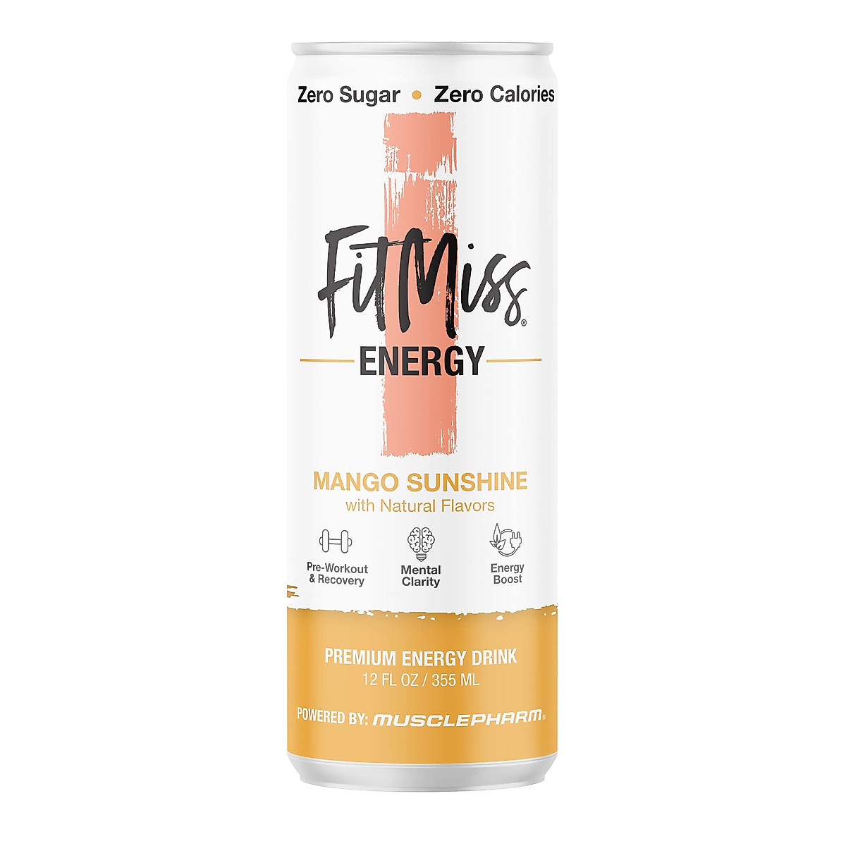 MusclePharm FitMiss Energy Drink 12oz (Pack of 12) - Mango Sunshine - Sugar Free Calories Free - Perfectly Carbonated with No Artificial Colors or Dyes