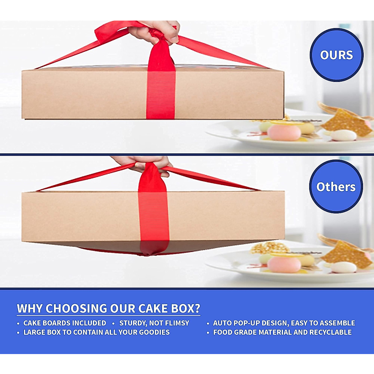 FATRE FOODS (15 Pack) Cake Boxes with Cake Boards INCLUDED – Easy-Assembly, 14 x 10 x 4 Inch, Dessert Boxes with Window, Stickers – Store & Sell Cakes, Cupcakes, Muffins, & Donuts in Bakery Boxes