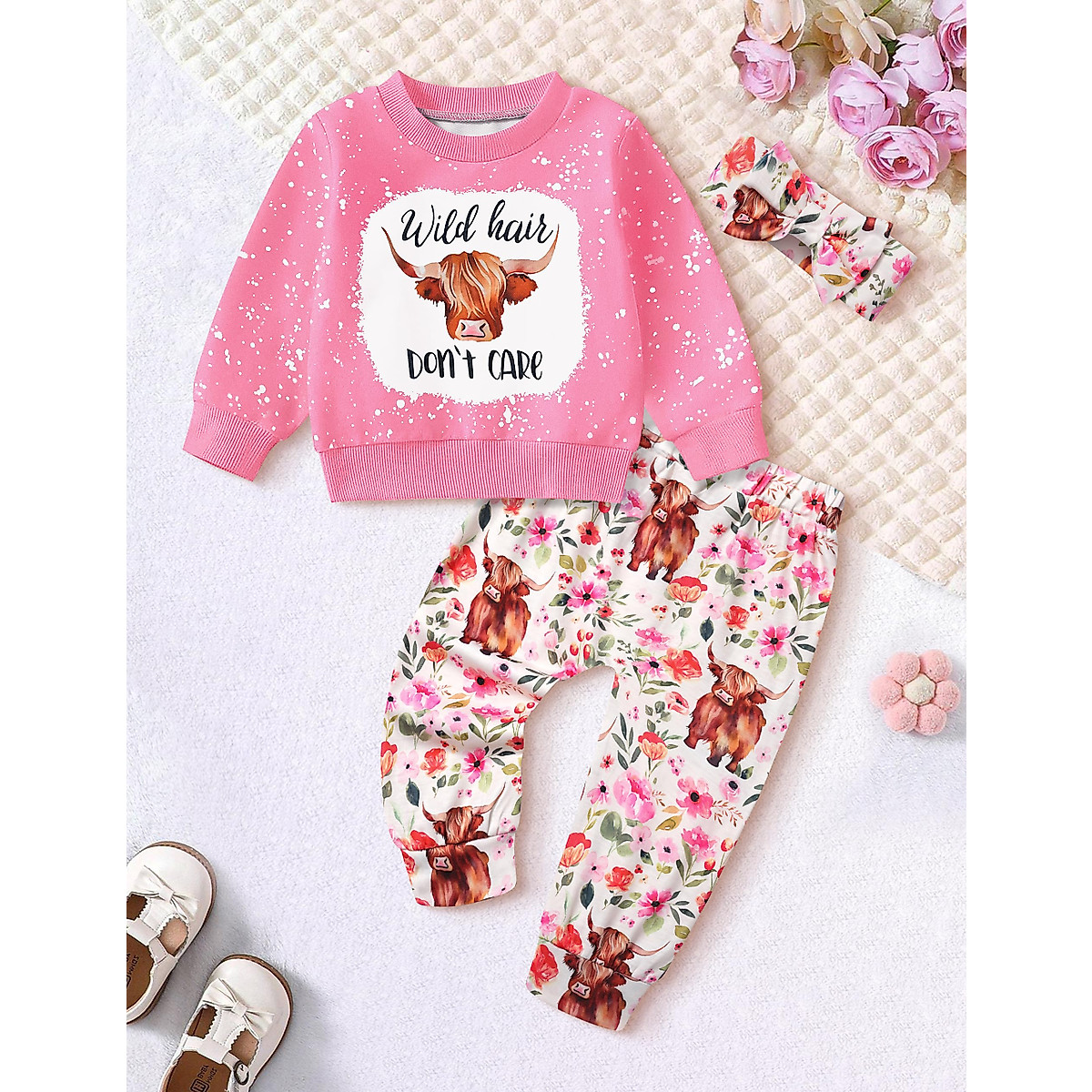 ADIFUN Baby Girl Clothes 18-24 Months Girl Clothing Fall Winter Outfits Wild Hair Don't Care Highland Cow Pink Sweatshirt Flower Pants Western Cowgirl Outfit