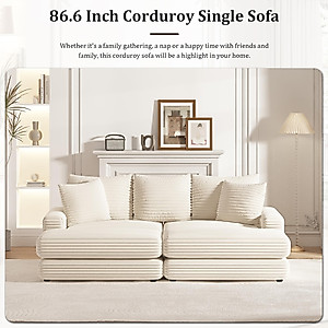Olodumare Modern Minimalist 3-Seater Sofa with Extra Deep Seat,Corduroy Convertible Sectional Sofa Couch with 3 Back Pillows,2 toss Pillows and Two Ottoman for Living Room,Office,Small Space,Beige
