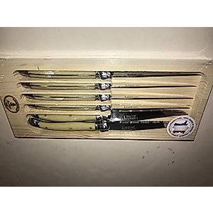Laguiole Jean Dubost - 6 Steak Knives Set - Pearl Color - in 15/10 Stainless Steel - Serrated Blade