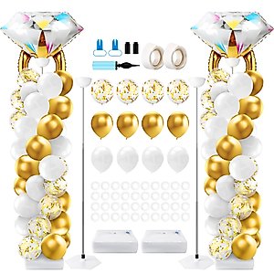 Realspring 2 Sets Diamond Ring Balloon Column Stand Kit with 2 Ring Foil Ring Balloons 100 Latex Balloons, Adjustable Balloon Stands White and Gold Balloon Arch for Bridal Shower Wedding Engagement