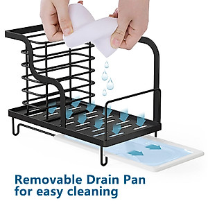 Kitchen Sink Caddy Counter Organizer 304 Stainless Steel Sponge Holder with Drain Pan, Black