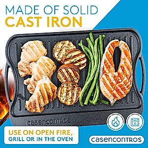 Casencontros - Cast Iron Griddle Pan for Stove Top [2 in 1 Reversible] - Pre-Seasoned Stove Top Griddle with Handles [17 x 9.8in] - Multi Use Grill Pan with Silicone Handles - Stove Top Griddle