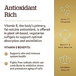 Solgar Vitamin E 670 mg (1000 IU), 100 Vegetarian Softgels - Natural Antioxidant, Skin & Immune System Support - Naturally-Sourced Vitamin E - Non-GMO, Vegan, Gluten Free, Dairy Free - 100 Servings
