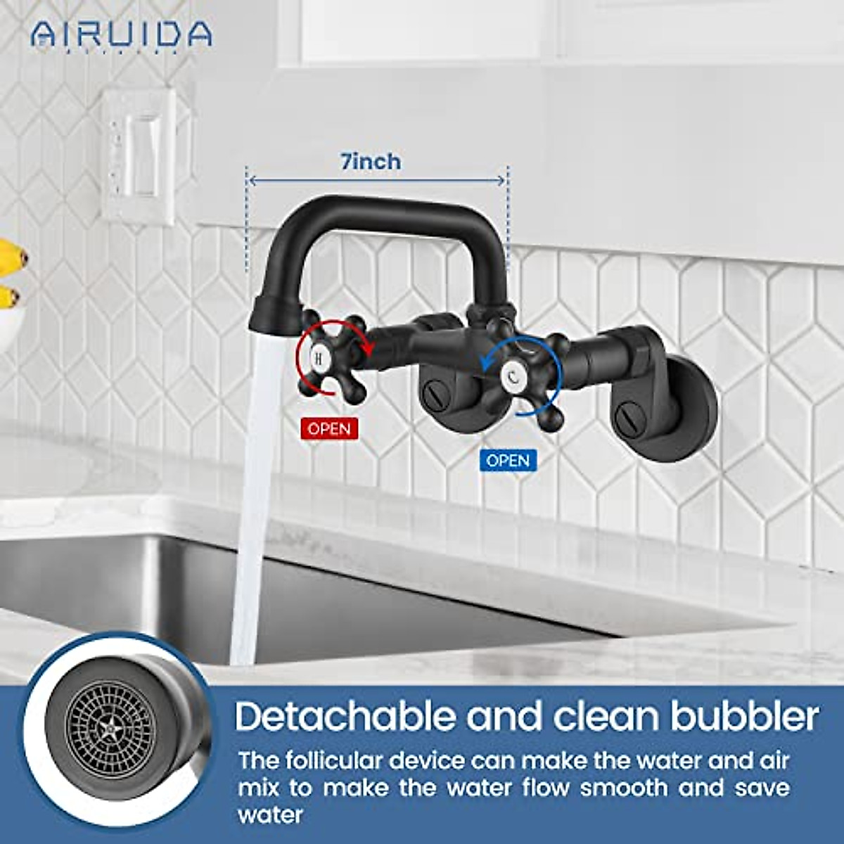 Airuida Matte Black Wall Mount Kitchen Faucet, 6 Inch(15cm) Spout Wall Mount Laundry Sink Faucet, Adjustable Center Double Handles Hot and Cold Water Mixer Tap 360 Rotatable Restaurant Faucet