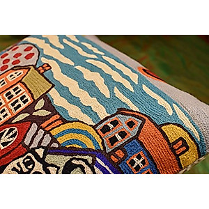 Kashmir Designs Blue Coastal Throw Pillow Cover | Karla Gerard Seaside Cat Pillow | Folklore Pillowcase | Nautical Chair Cushion | Flower Couch Pillow | Hand Embroidered Cushions Wool Size - 18x18