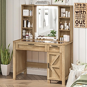 usikey Farmhouse Makeup Vanity Desk with Mirror and Lights, Glass Tabletop Makeup Vanity with Adjustable Shelves, Vanity Table Set with 2 Drawers and Side Cabinet for Bedroom, Maple