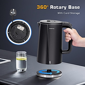 Aigostar Electric Kettle, 1.7L Double Wall 304 Stainless Steel Interior Hot Water Boiler Heater, 1500W Fast Boiling, Cool Touch Electric Tea Kettle, Auto Shut-Off, Boil Dry Protection, BPA-Free, Black