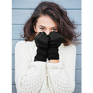 SATINIOR 4 Pairs Winter Long Fingerless Gloves Elbow Length Gloves Arm Warmer for Women (Black, Light Grey, Black White Stripe, Black Dark Grey Stripe, 11.8 Inch)