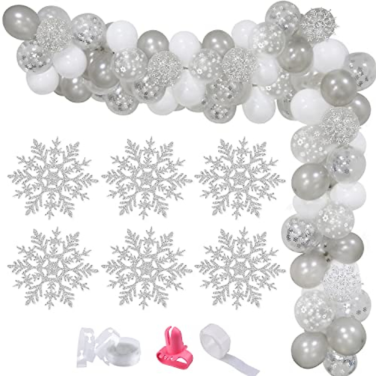 White Silver Snowflake Balloons Garland Arch Kit, Silver Snowflake Confetti Balloons Arch Winter Wonderland Party Decorations for Winter Baby Shower Birthday Baby Its Cold Outside Decorations