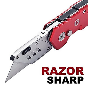 FC Folding Pocket Utility Knife - Heavy Duty Box Cutter with Holster, Quick Change Blades, Lock-Back Design, and Lightweight Aluminum Body