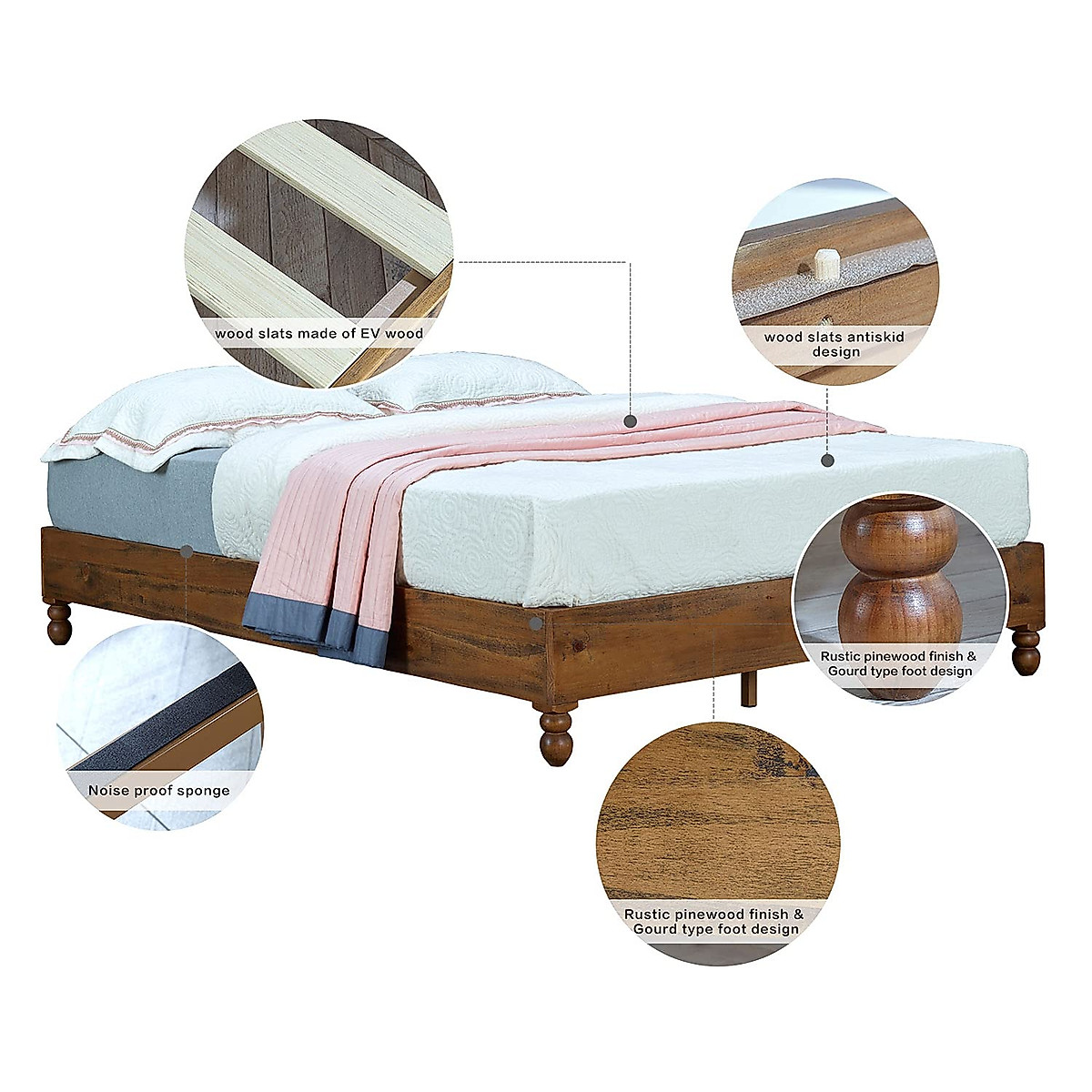 MUSEHOMEINC 12 Inch Solid Wood Bed Frame Rustic Style Eliminates The Need for a Boxspring, Natural Finish, Queen