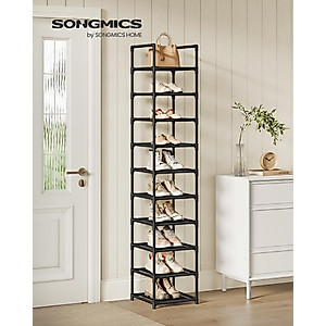 SONGMICS Shoe Rack, 10 Tier Shoe Shelf, Shoe Storage Organizer, Space-Saving, 13 x 13 x 68.1 Inches, Metal Frame, Non-Woven Fabric Shelves, for Entryway, Bedroom, Black ULSR110B02