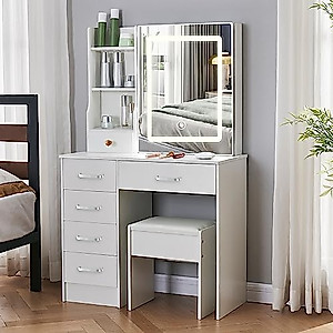 Saihemei Modern Vanity Desk with Sliding LED Mirror, 3 Lighting Modes Adjustable Brightness Bedroom Set, Makeup Dressing Table with Cushioned Stool and Lots Storage for Women Girls