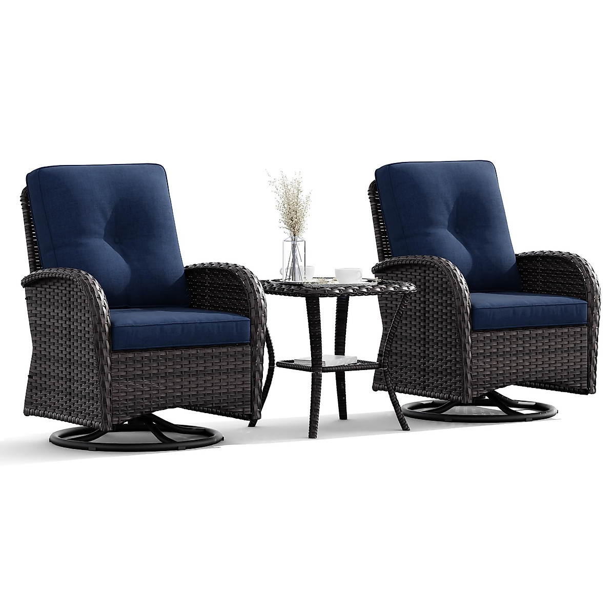 Joyside Patio Swivel Rocker Wicker Chairs - Outdoor Swivel Rocking Chairs Set of 2 with Wicker Side Table, Patio Swivel Rocker Chair 3 Piece Patio Furniture Sets for Porch Deck(Brown/Blue)
