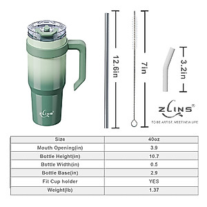 ZLINS 40 oz Tumbler with Handle Lid and Straw, Vacuum Insulated Cup, Leak Proof Stainless Steel Coffee Travel Mug, Reusable, Keeps Cold or Hot for Hours(Green Ombre)