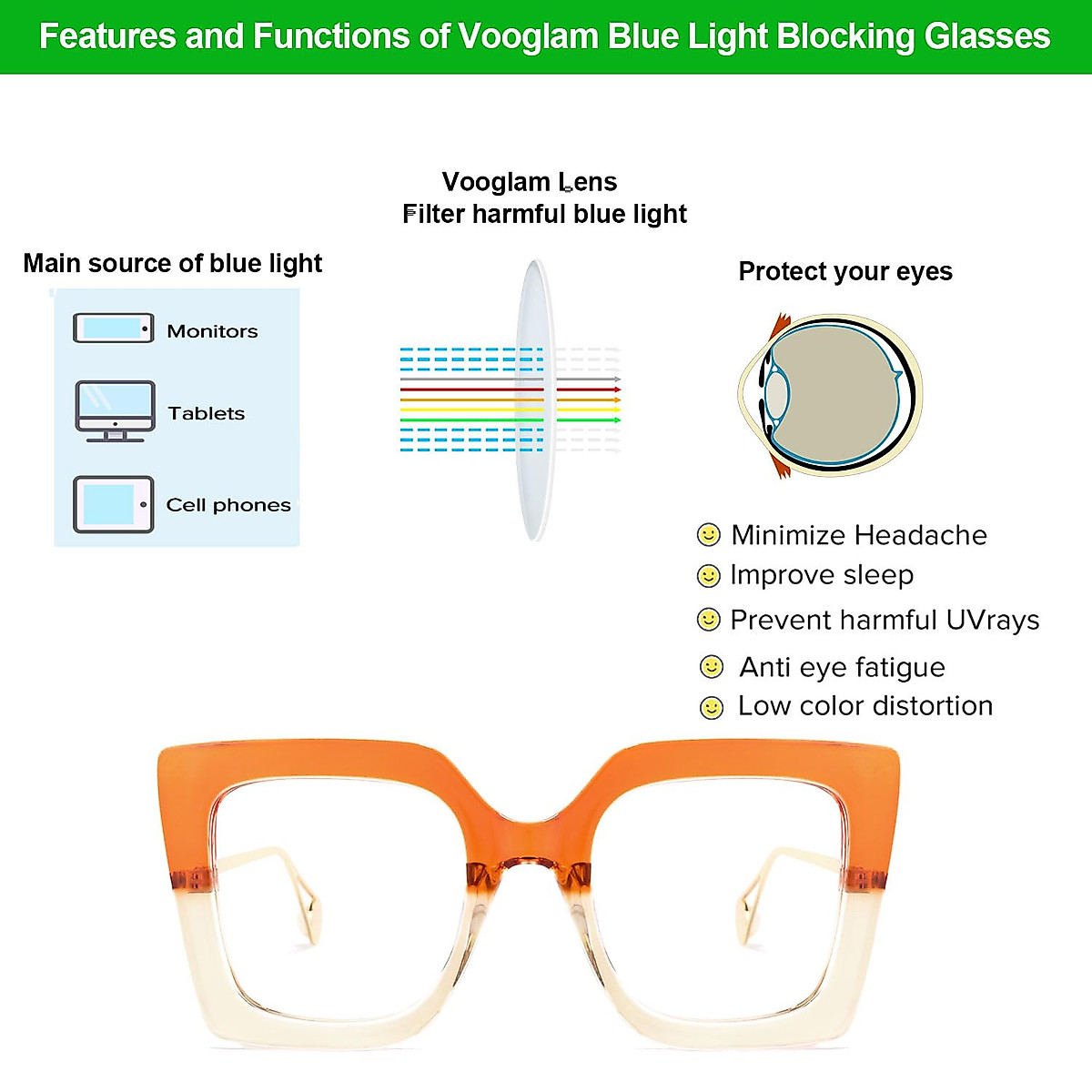 VOOGLAM Oversized Thick Square Blue Light Blocking Glasses for Women Orange Fashion Eyewear with Pearl Inlay Arm Anti Eyestrain UV Valarie