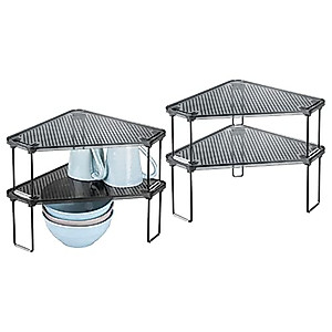 mDesign Plastic/Steel Freestanding Foldable Corner Stackable Organizer Shelf for Kitchen, Counter, Pantry, Cabinet Storage, Holds Plates, Dishes, Ligne Collection, 4 Pack - Black/Smoke Gray